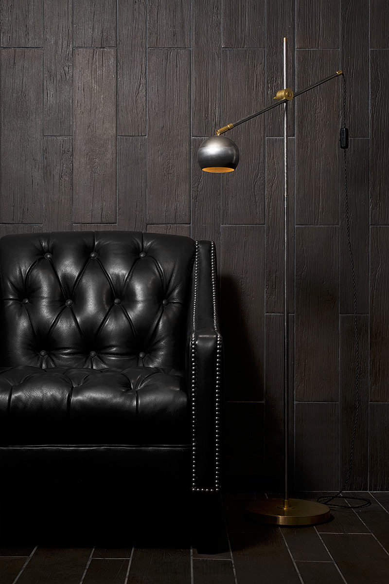 Stan floor lamp with Lincoln tufted armchair in black leather | Roger ...